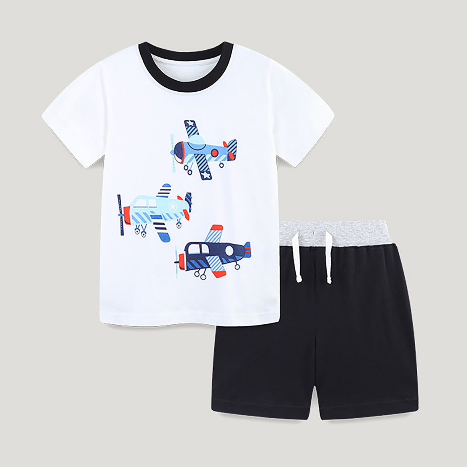 Boys Shorts Sets Airplane Print Crewneck Tee and Solid Color Shorts 2 ...