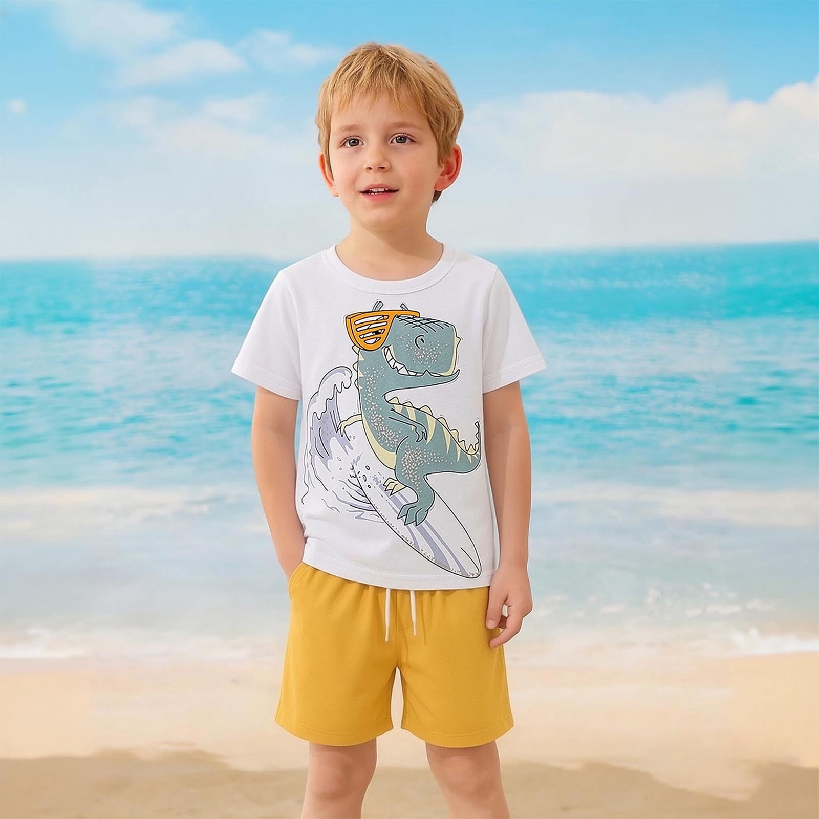 Boys Shorts Sets Dino Cartoon Print Crewneck Short Sleeve Tee and ...