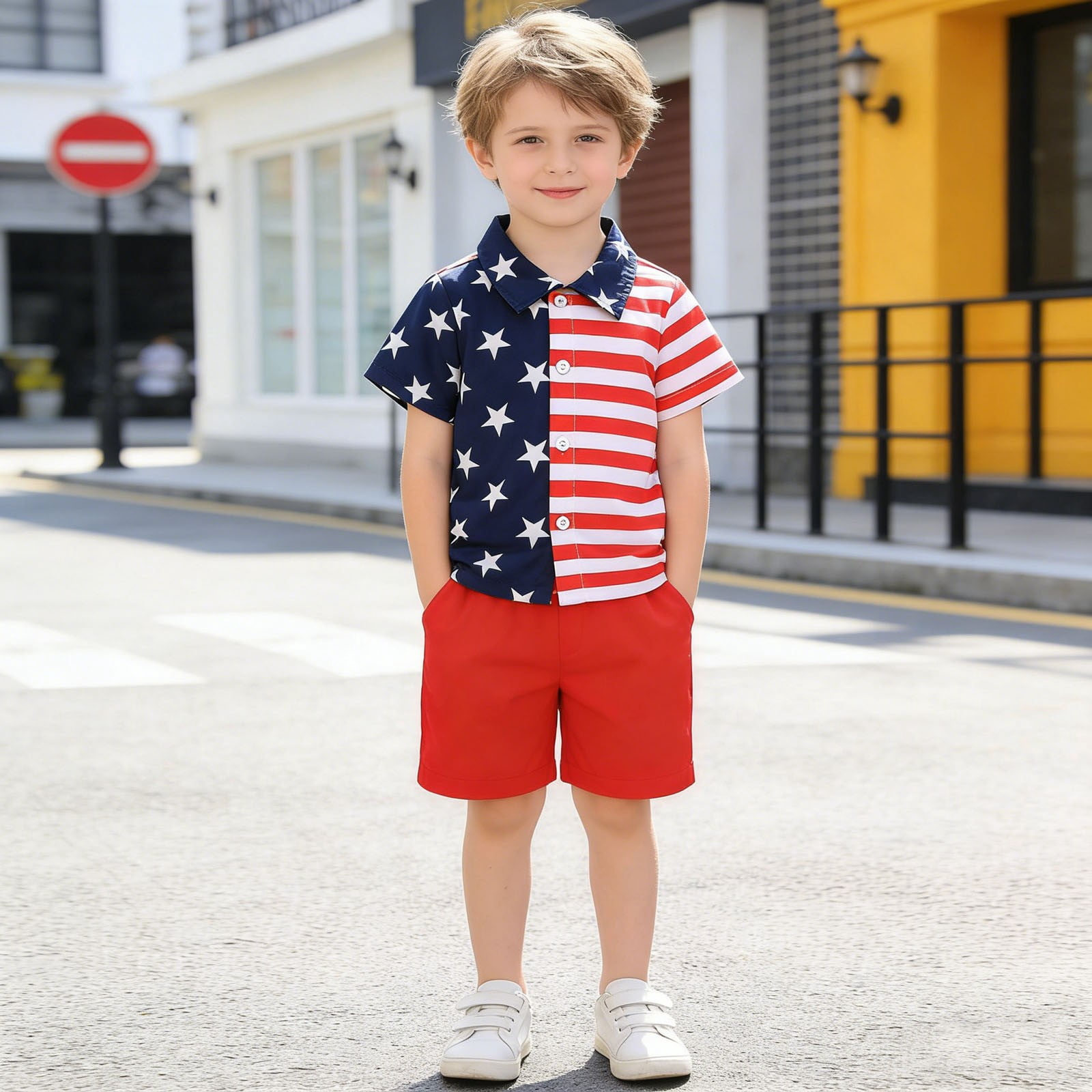 Boys Shorts Sets Independence Day Patchwork Collar Short Sleeve Shirt ...