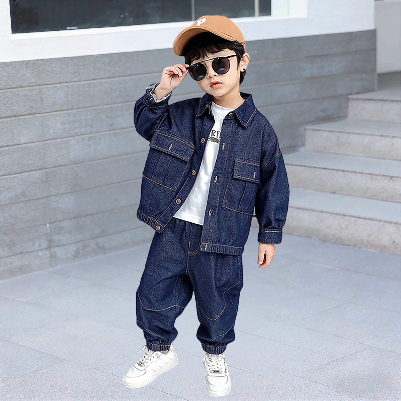 Boys Shorts Sets Solid Color Denim Short Sleeve Button Down Shirt and ...