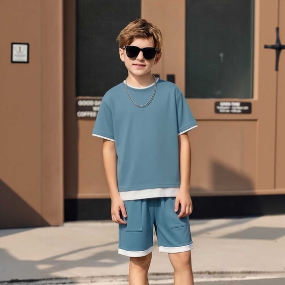Boys Shorts Sets Stylish Color Block Crewneck Tee and Shorts 2 Piece ...