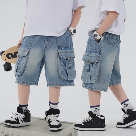 Boys Shorts Summer Loose Cargo Denim Shorts with Pockets for Big Kids ...