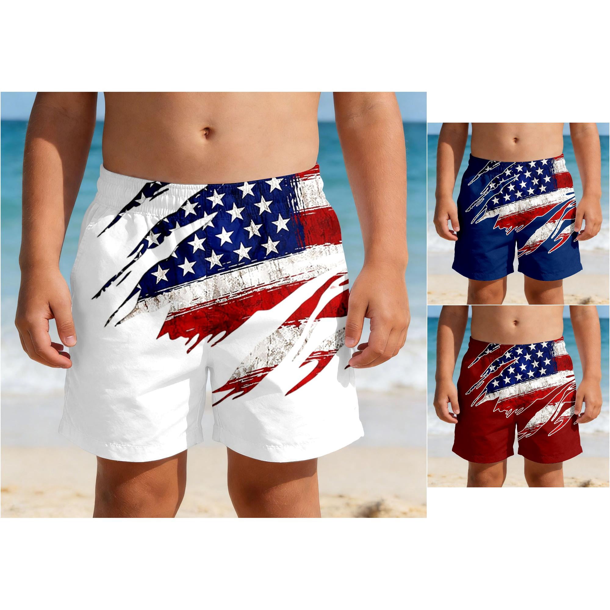 Boys Shorts with Compression Liner Red White Blue Patriotic Flag Swim ...