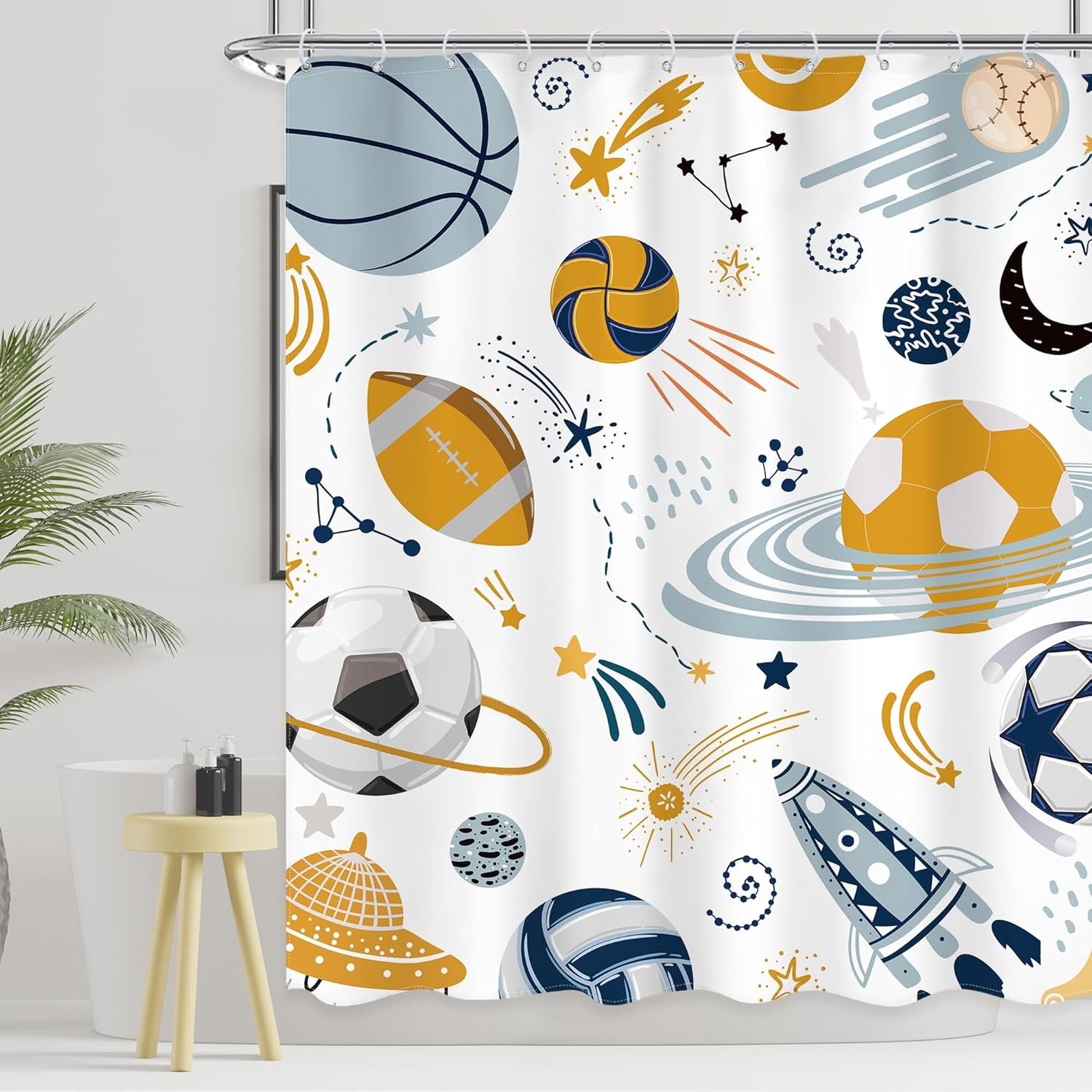 Boys Shower Curtain Sports Space Cool Football Planet Cute Universe ...