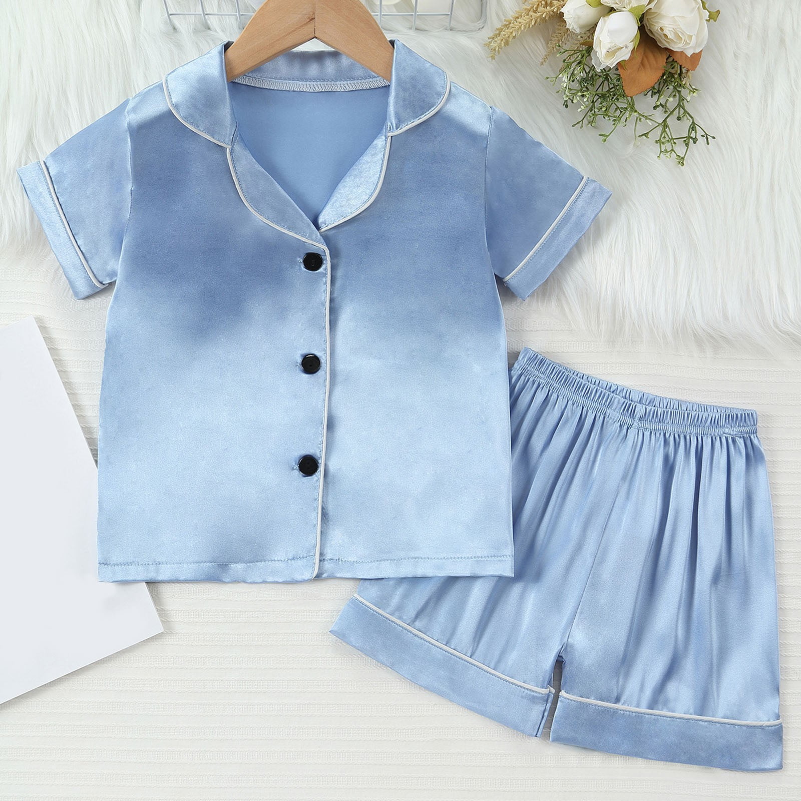 Boys Silk Pajamas Set Blue Button Down Tops Set Toddler Girl Sleepwear ...