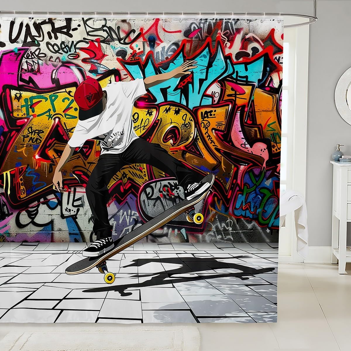 Boys Skateboard Bathroom Shower Curtain Set Colorful Graffiti Style ...
