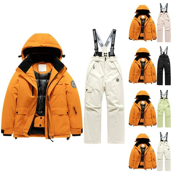 Boys Snowsuit Winter Ski Windproof Hooded Jacket Suspenders Pant Casual ...