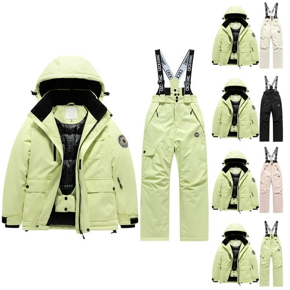 Boys Snowsuit Winter Windproof Ski Hooded Jacket Suspenders Pant Casual ...