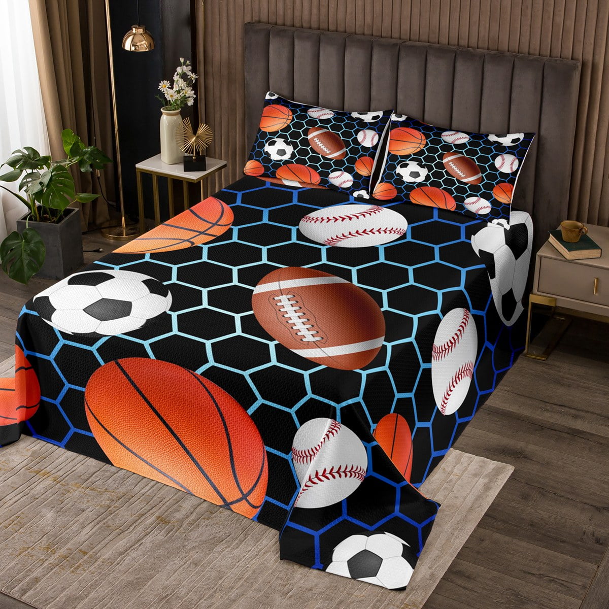 Boys Soccer Bedspread Set Queen Size, Basketball Football Coverlet Set ...
