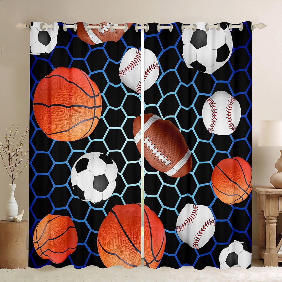 Boys Soccer Blackout Curtains 52"Wx63"L 2 Panels, Basketball Football ...