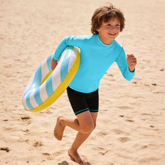 Boys Solid Color Long Sleeve Rash Guard Top Round Neck UPF 50+ Beach ...