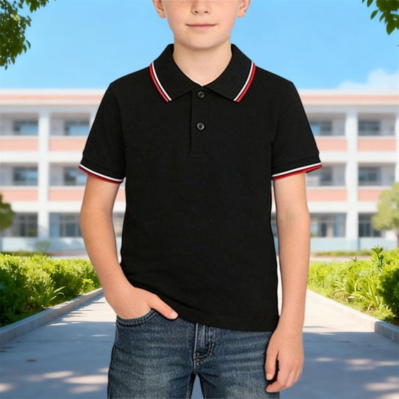 Boys' Solid Color Short Sleeve Polo Shirt with Striped Trim ...