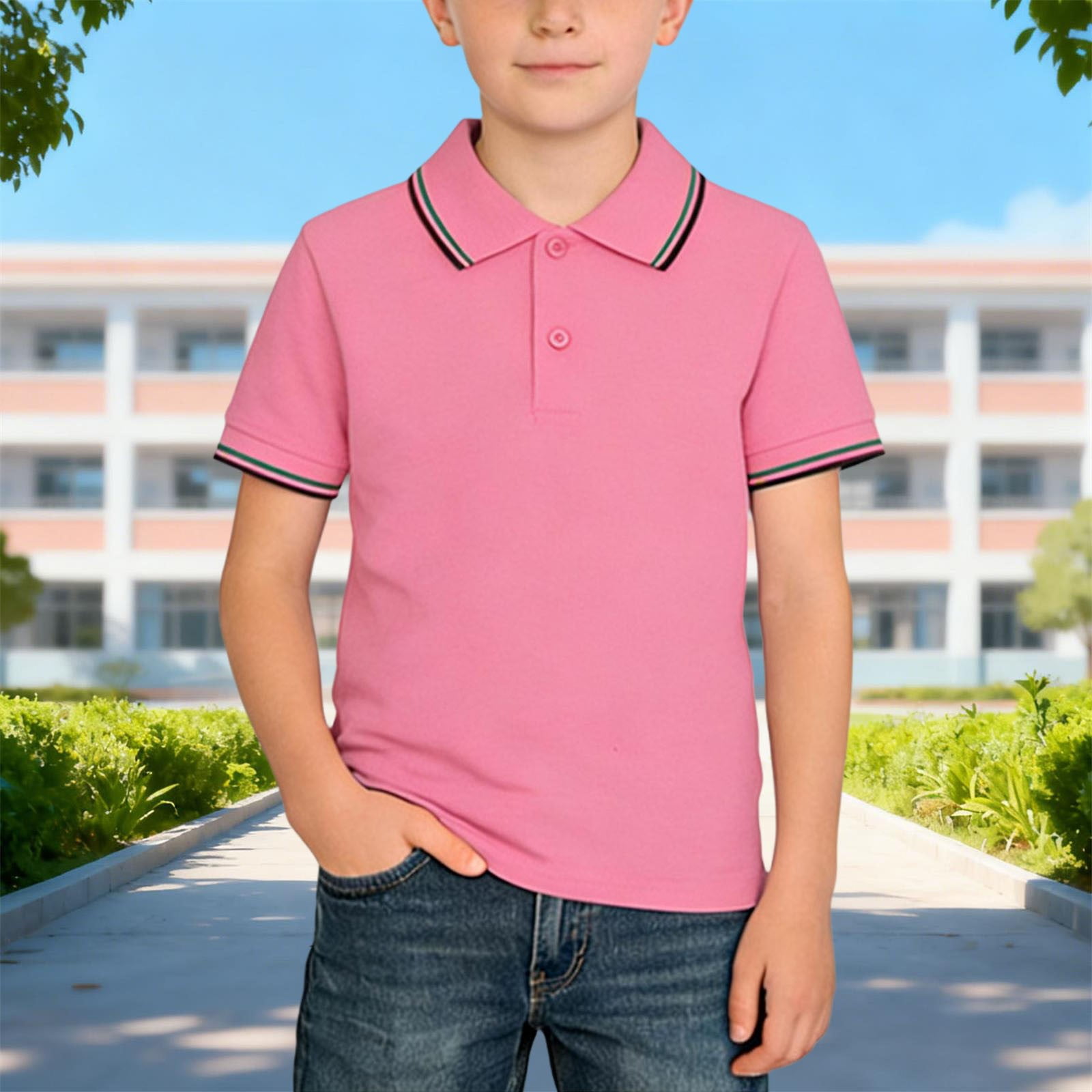 Boys' Solid Color Short Sleeve Polo Shirt with Striped Trim ...
