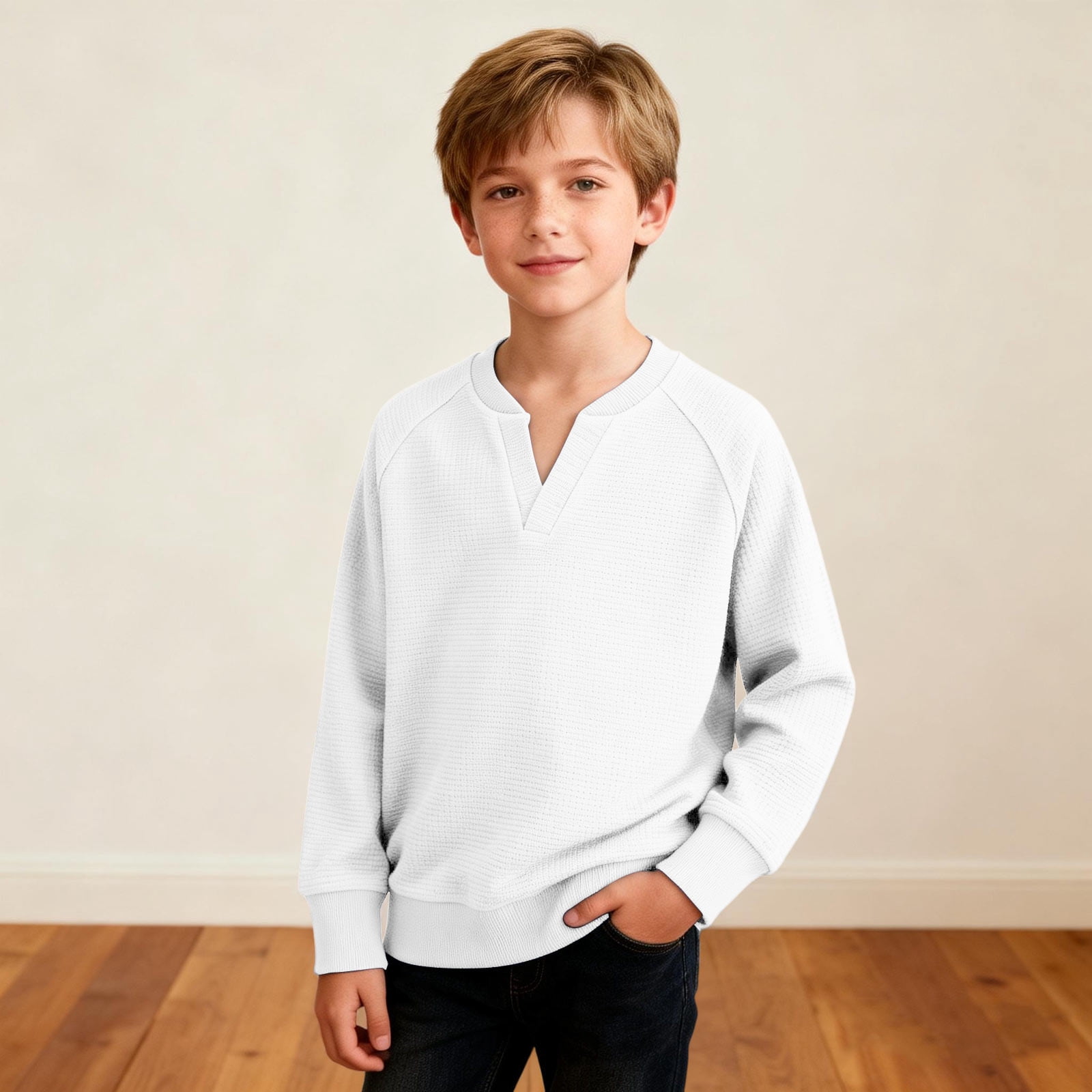 Boys Solid Color V-Neck Long Sleeve Casual Shirt for Daily Wear and ...
