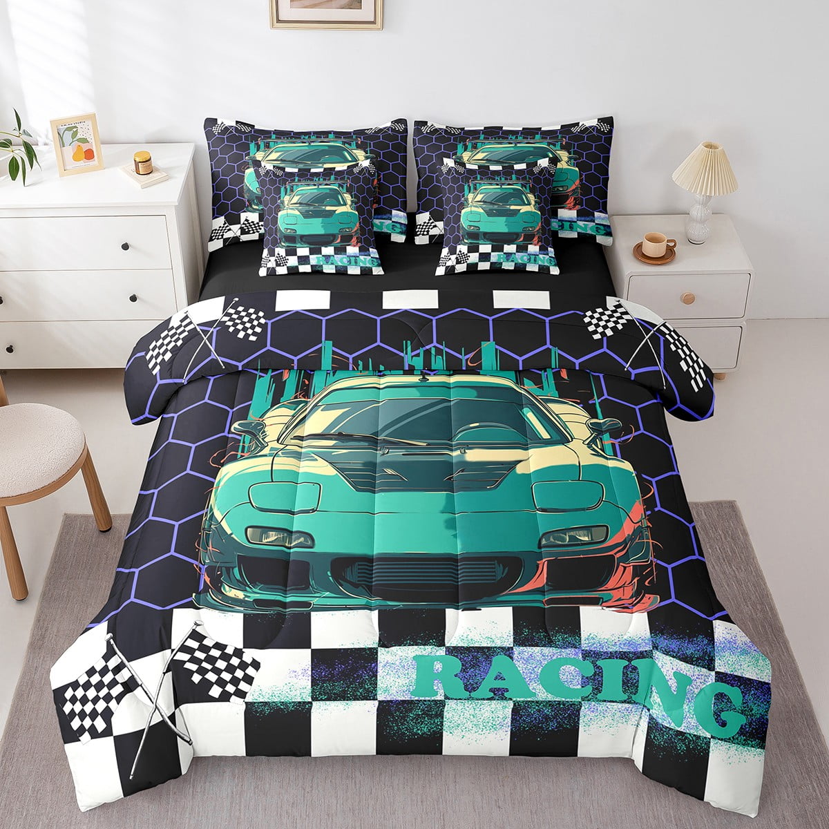 Boys Sports Car Bed in a Bag 7 Piece Full Geometry Honeycomb Print ...