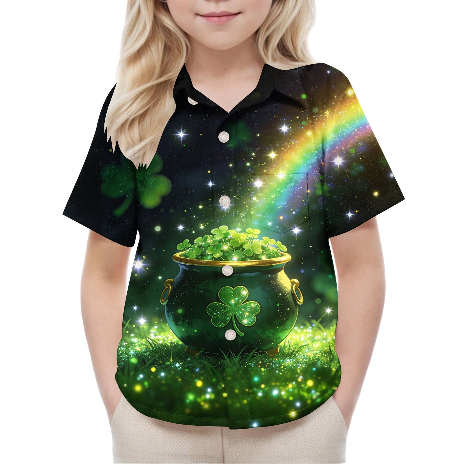 Boys St Patrick's Day Shirt Short Sleeve Button Down Clover Pot of Gold ...