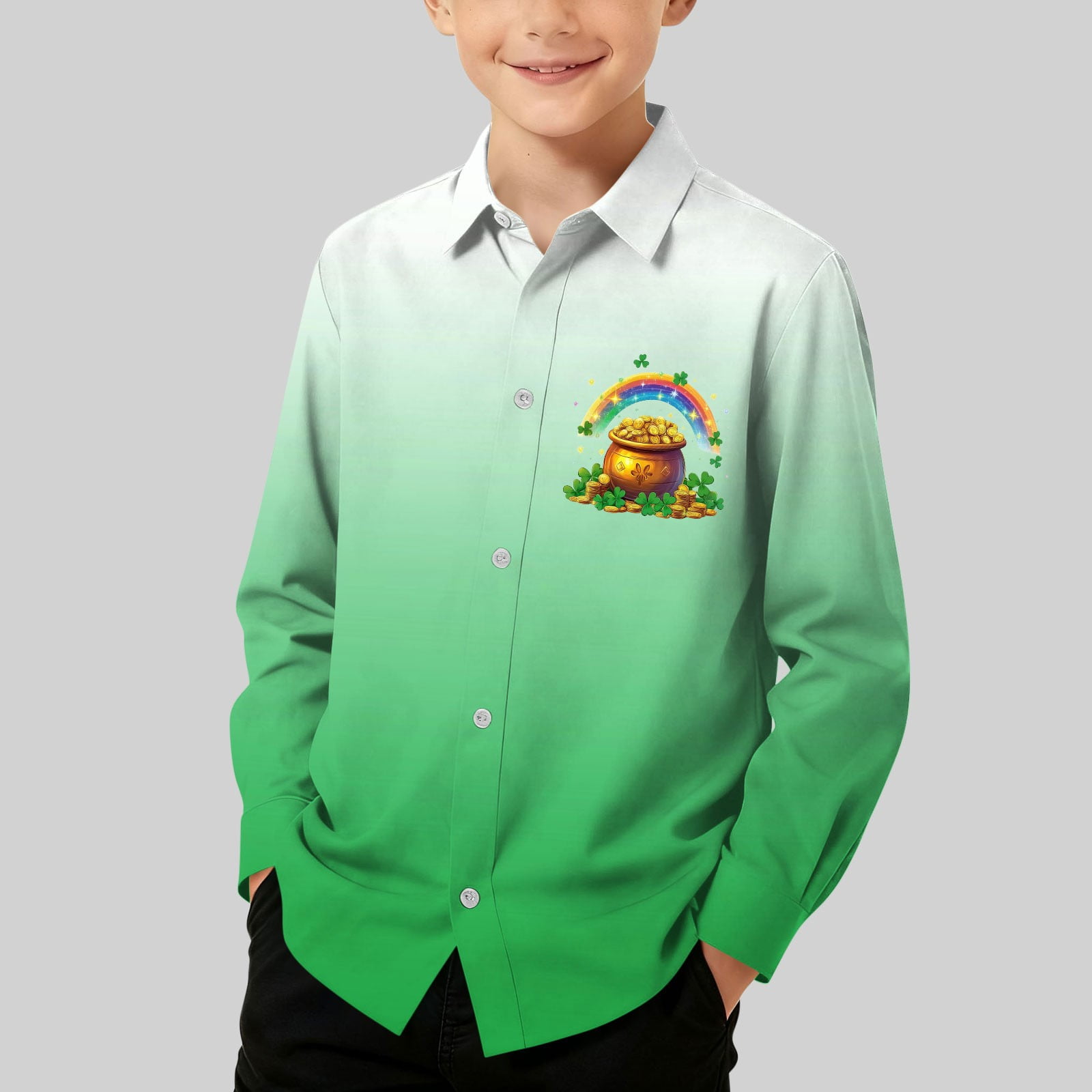 Boys St Patricks Day Shirt Long Sleeve Button Down with Shamrock Print ...