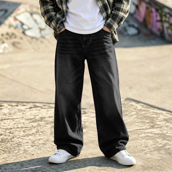 Boys Straight Leg Jeans Vintage Wash Denim Elastic Waist Casual ...