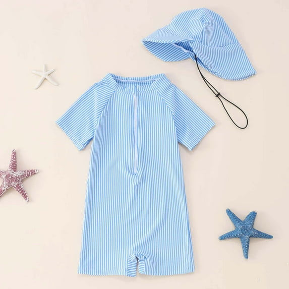 Boys' Striped One Piece Swimsuit With Short Sleeves And Hat 2 Piece Set ...