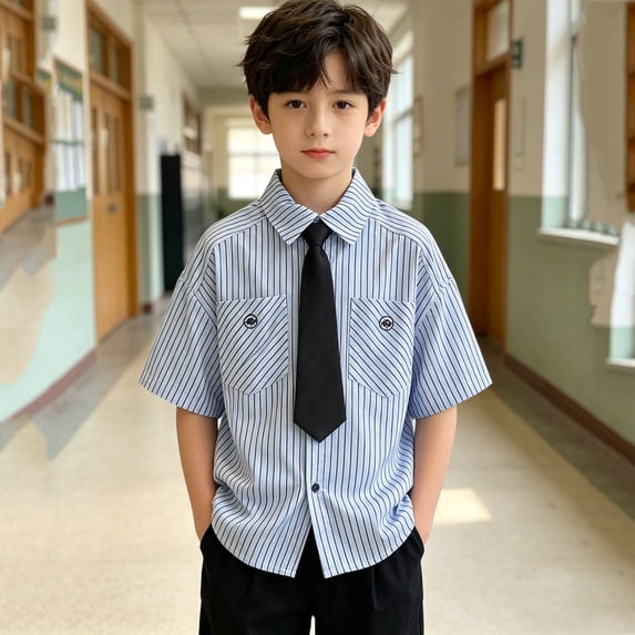 Boys' Striped Short Sleeve Button-Down Shirt with Pockets, Preppy ...