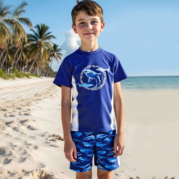 Boys Summer 2 Piece Shark Graphic Short Sleeve Rash Guard Set Swimsuit ...