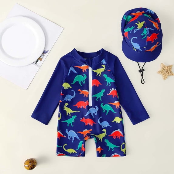 Boys Summer Allover Beach Print Long Sleeve Half Zip One Piece Swimsuit ...