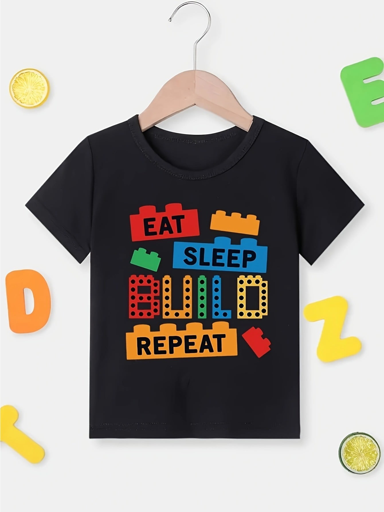 Boys' Summer Cartoon Building Blocks Alphabet Print Casual Crew Neck T ...