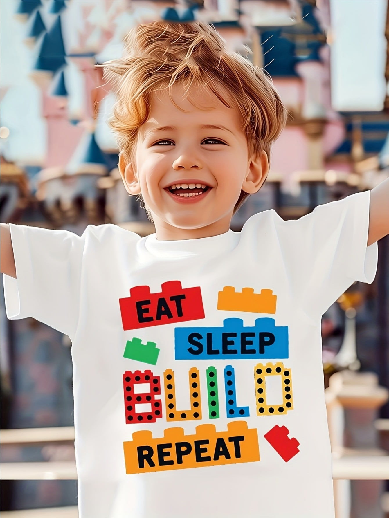 Boys' Summer Cartoon Building Blocks Alphabet Print Casual Crew Neck T ...
