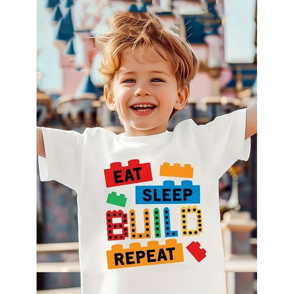 Boys' Summer Cartoon Building Blocks Alphabet Print Casual Crew Neck T ...