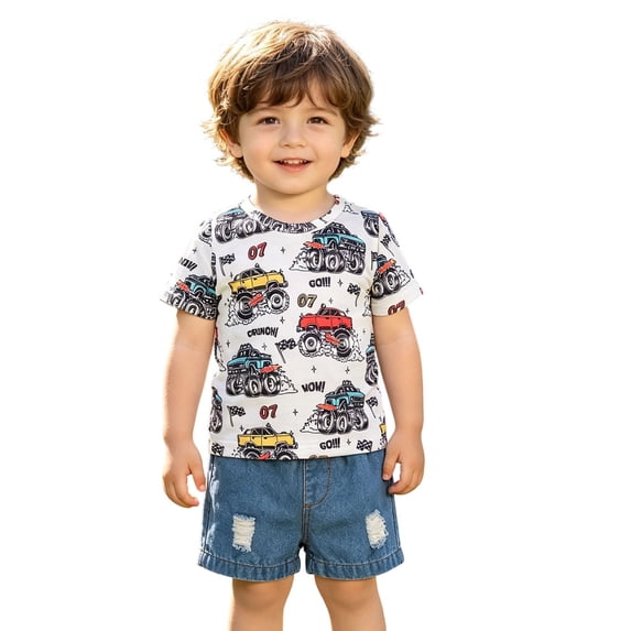 Boys Summer Casual Outfit Short Sleeve T Shirt and Denim Shorts Two ...