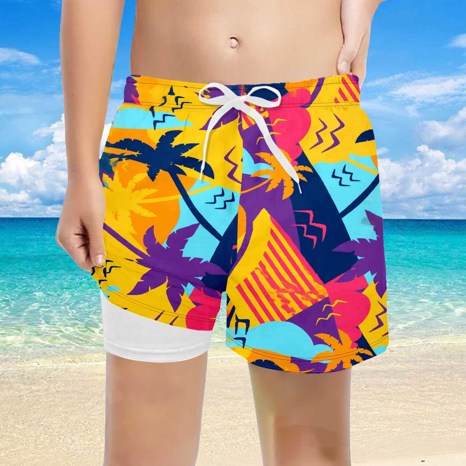 Boys Summer Colorful Graffiti Print Drawstring Hawaiian Beach Swim ...