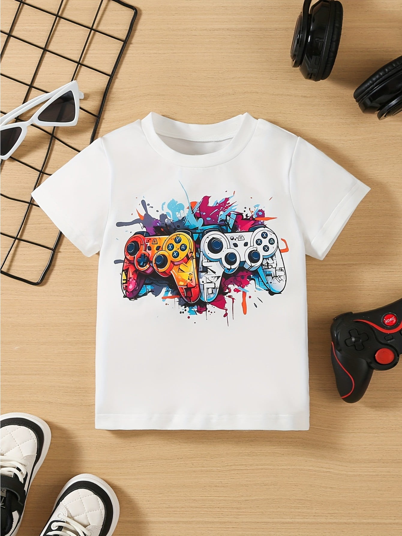 Boys' Summer Fashion T-Shirt with Colorful Game Controller Print - Cute ...