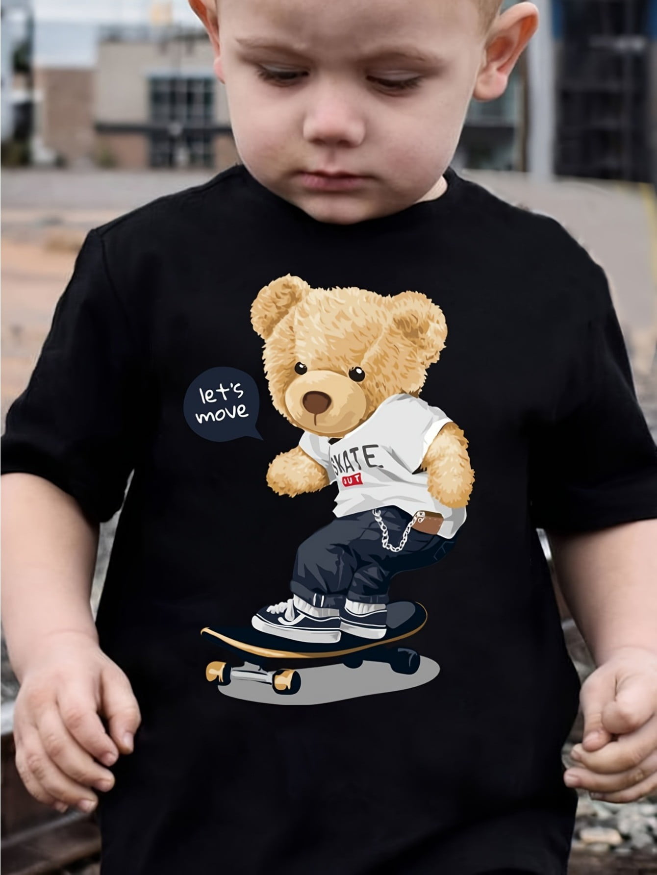 Boys' Summer Fashion T-Shirt - 'Let's Move' Cool Bear Skateboard Print ...