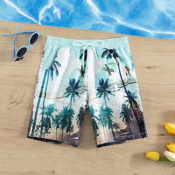 Boys Summer Hawaiian Palm Print Beach Board Shorts 5 Inch Inseam Quick ...