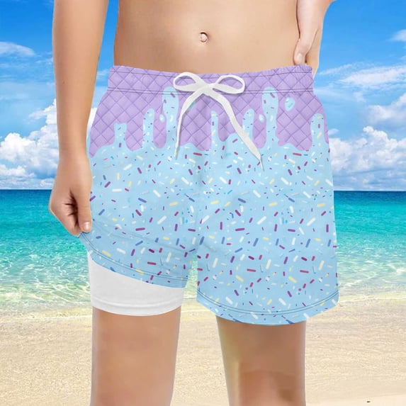 Boys Summer Ice Cream Print Drawstring Beach Shorts Casual Double Layer ...