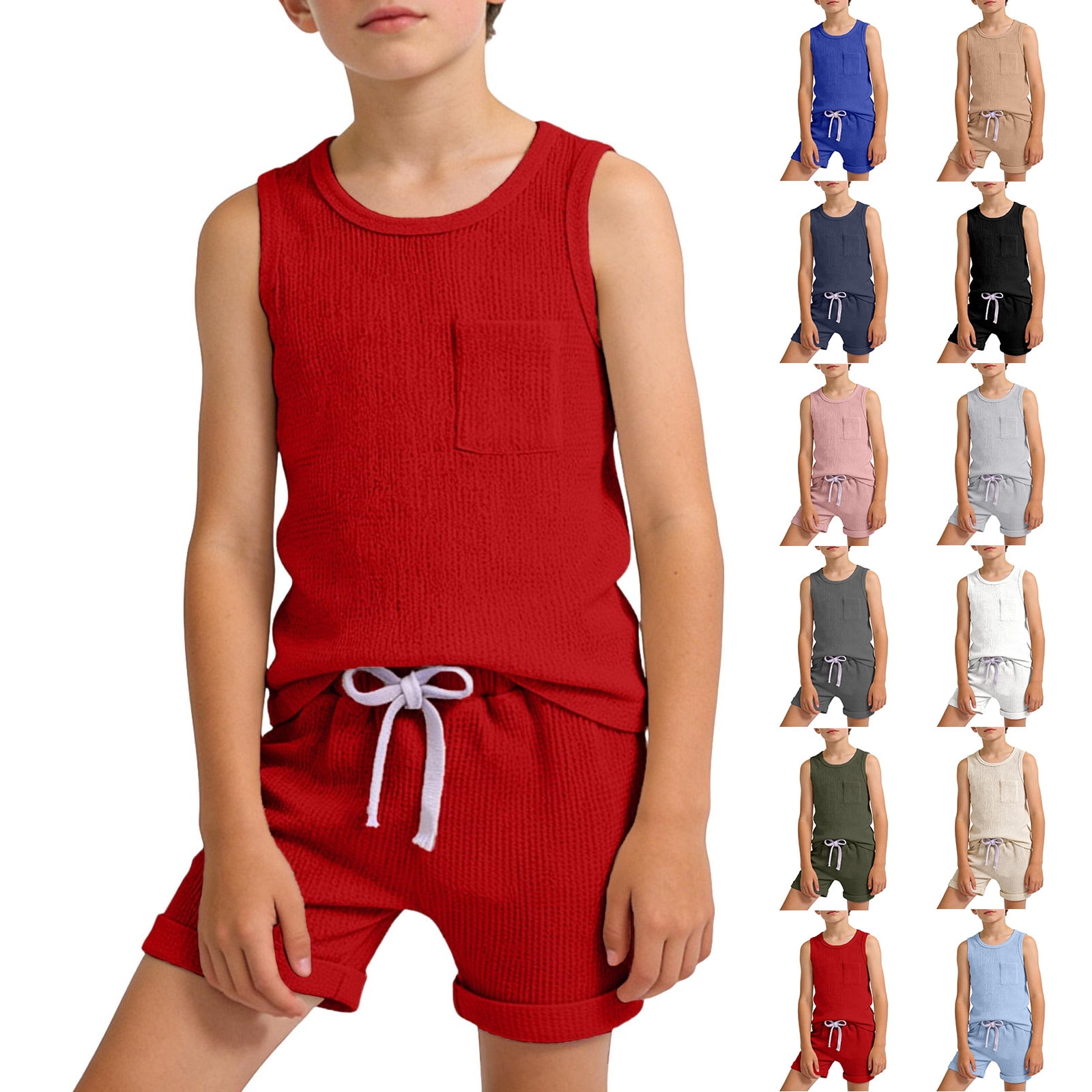 Boys Summer Outfit Short Sleeve Waffle Pocket Tank Top and Drawstring ...