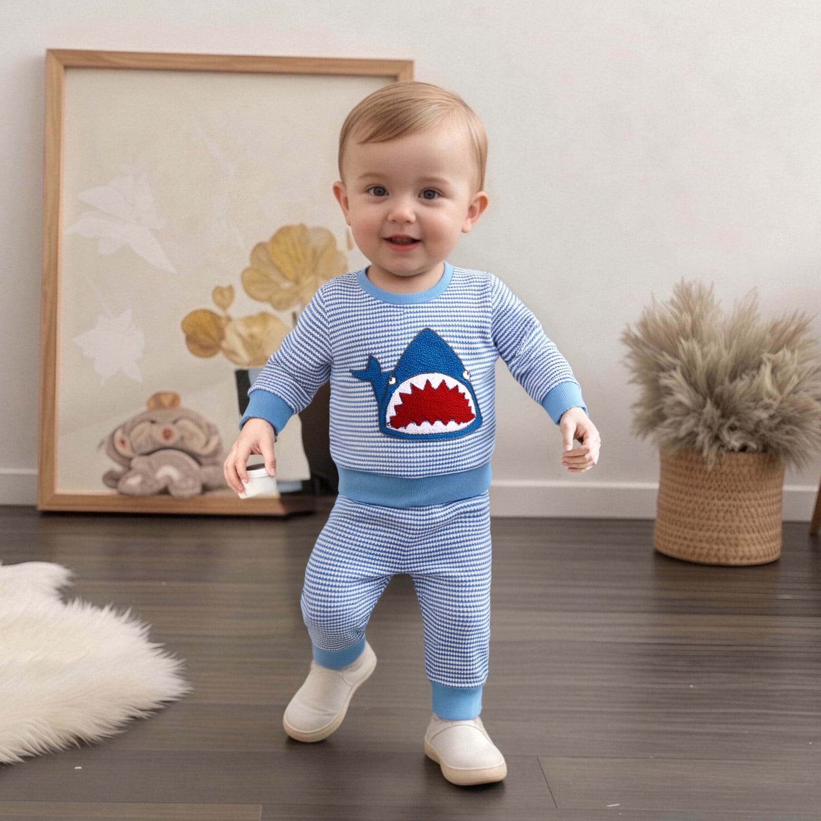 Boys Summer Outfits 2 Piece Cartoon Print Crew Neck Long Sleeve Tops ...