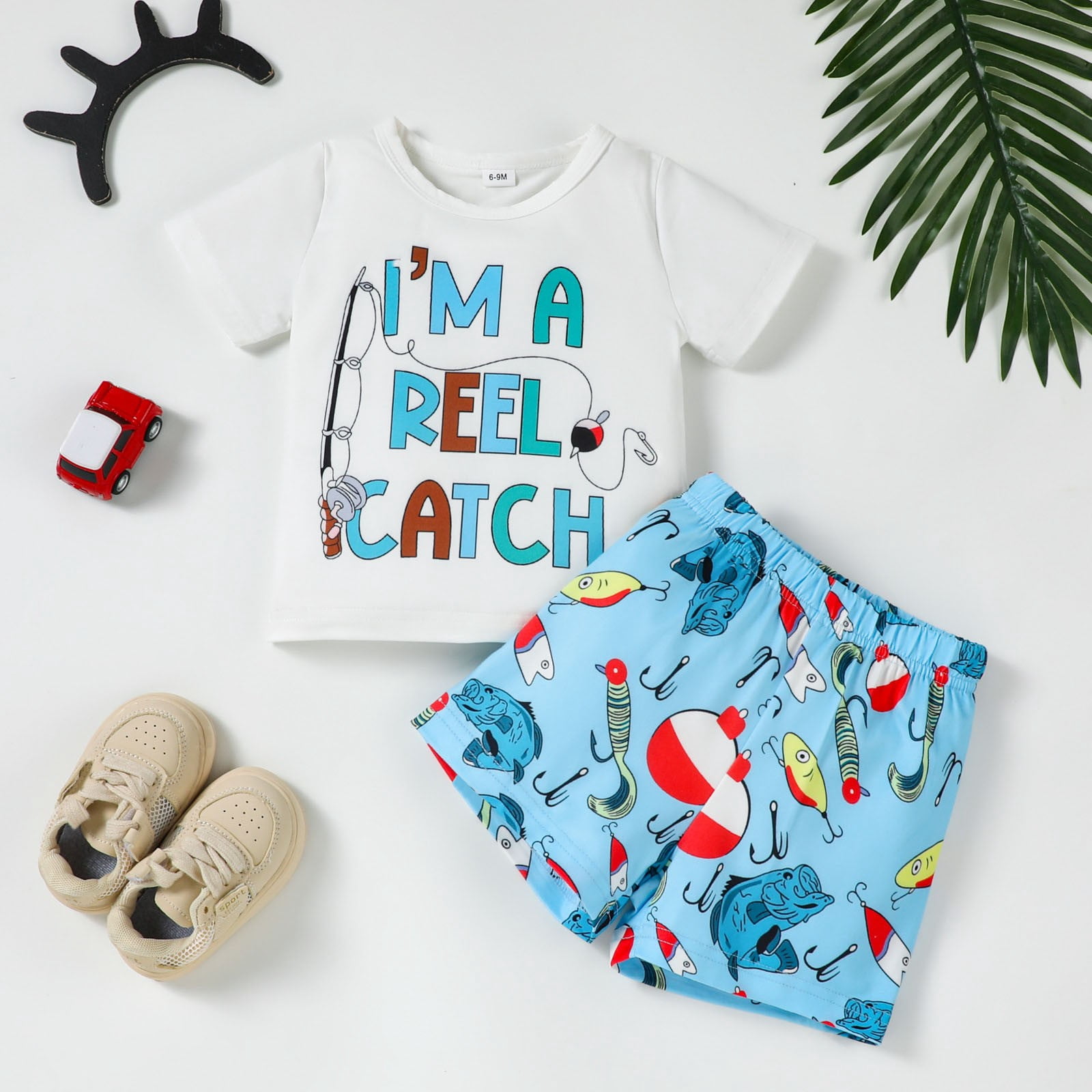 Boys Summer Outfits 2 Piece Letter Fish Print Crewneck Tee with Shorts ...