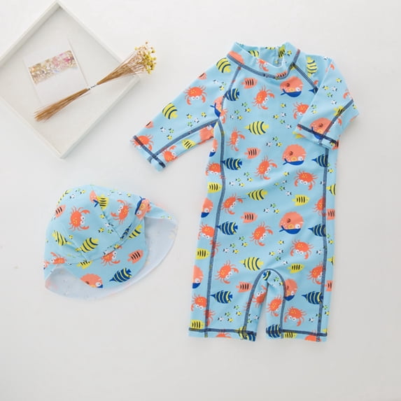 Boys Summer Outfits Boys Crab Print Long Sleeve One Piece Swimsuit with ...