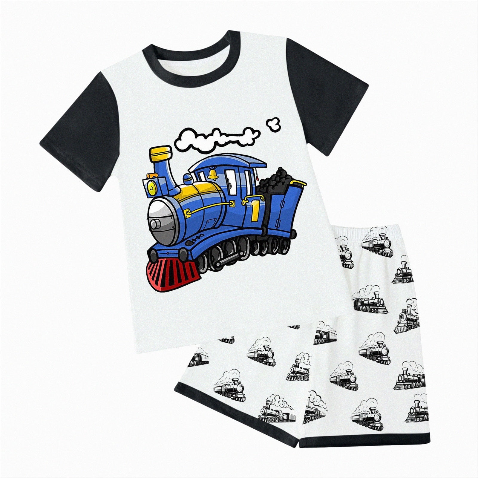 Boys Summer Outfits Cartoon Train Print Short Sleeve T-Shirt And Shorts ...