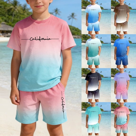 Boys Summer Outfits Kids Cool Letter Graphic Gradient Short Sleeve Tee ...
