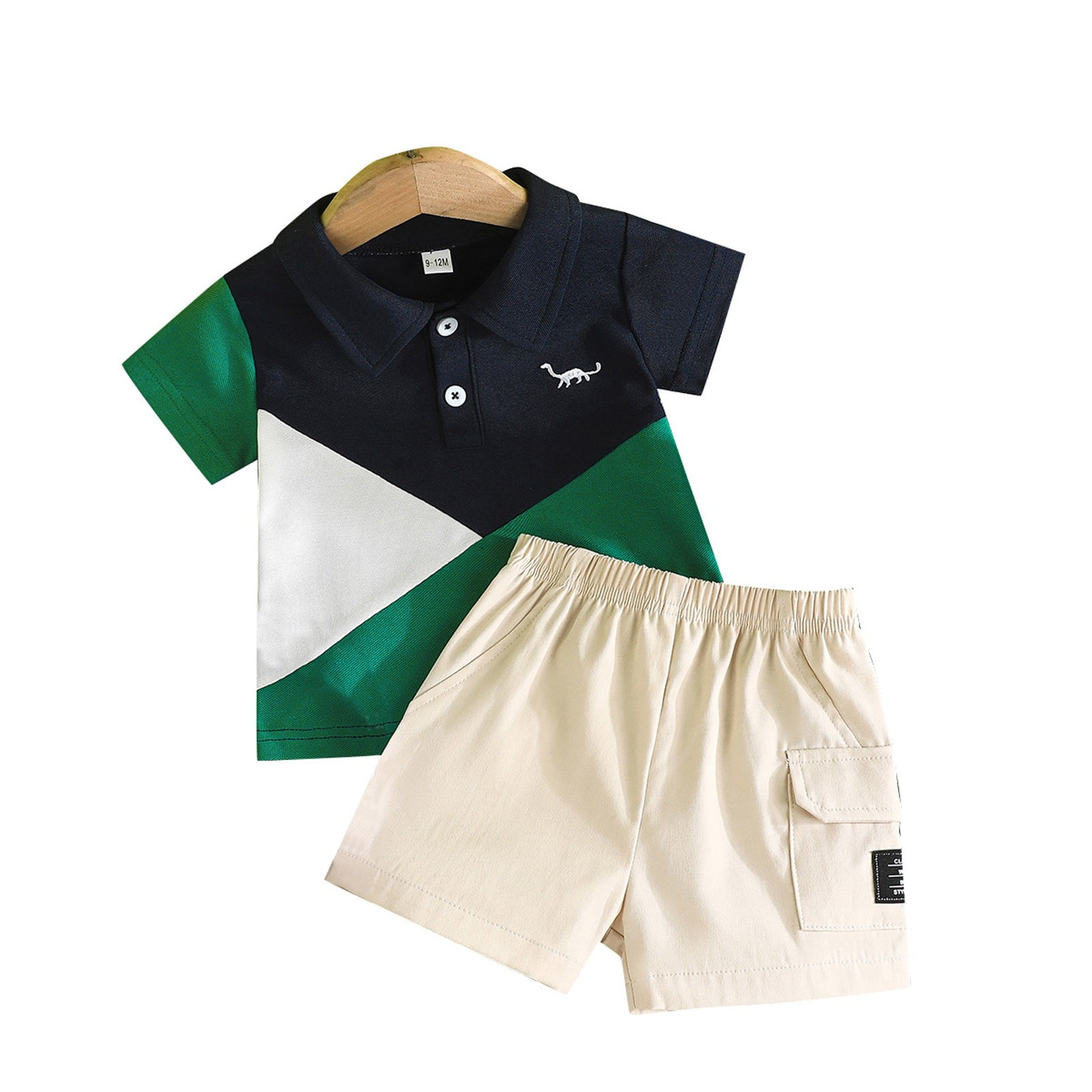 Boys Summer Outfits Sets Dinosaur Embroidery Color Block 2 Piece Short ...