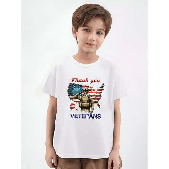 Boys' Summer Round Neck Cartoon Print Knit T-Shirt - Patriotic Veteran ...