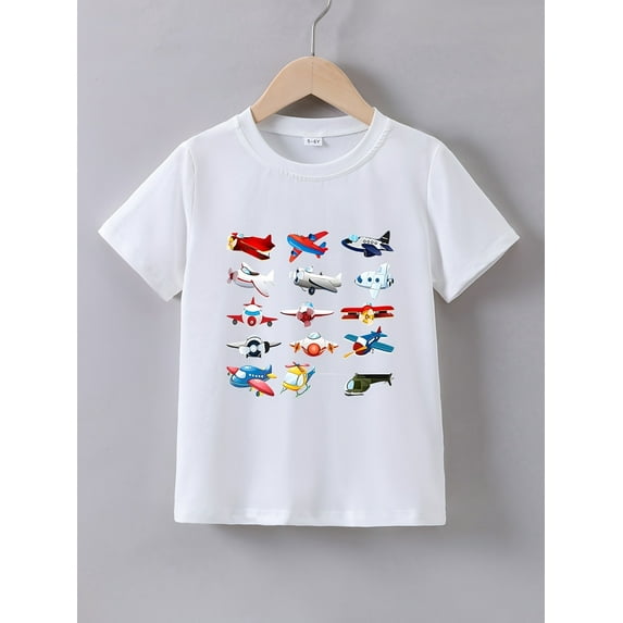 Boys' Summer Short Sleeve "Airplane" Print T-Shirt, Casual Crew Neck ...