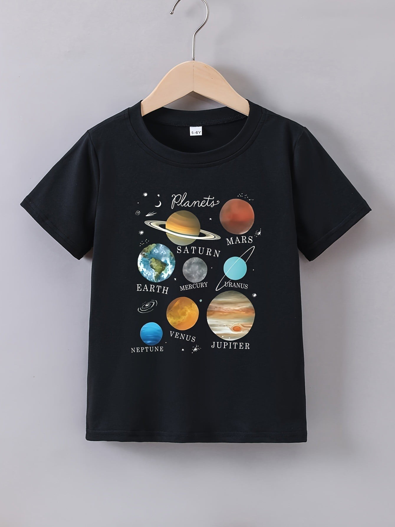 Boys Summer Short Sleeve T-Shirt, Cartoon Planet Letter Print, Casual ...