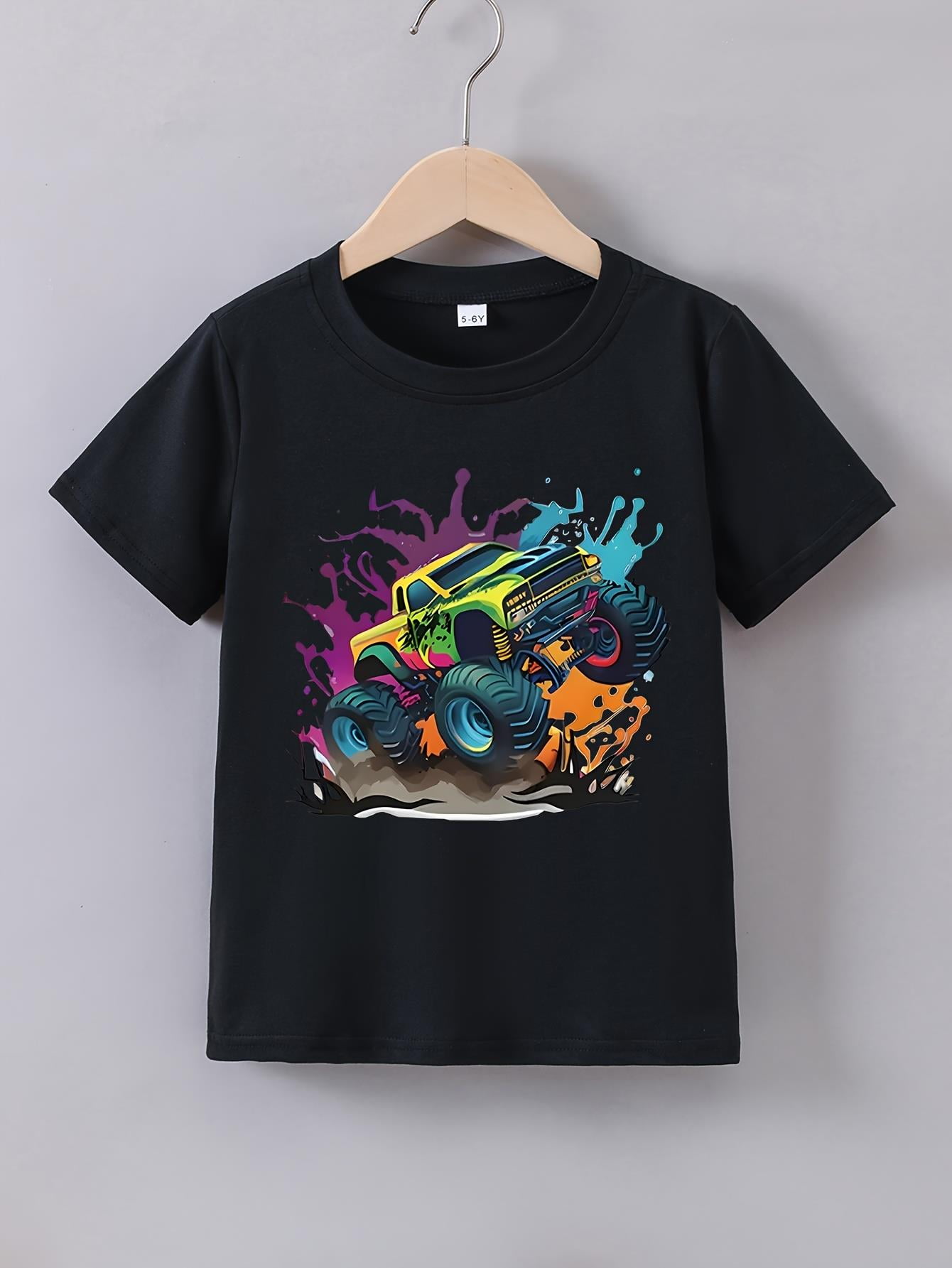 Boys' Summer Short Sleeve T-Shirt with Vibrant Monster Truck Print ...
