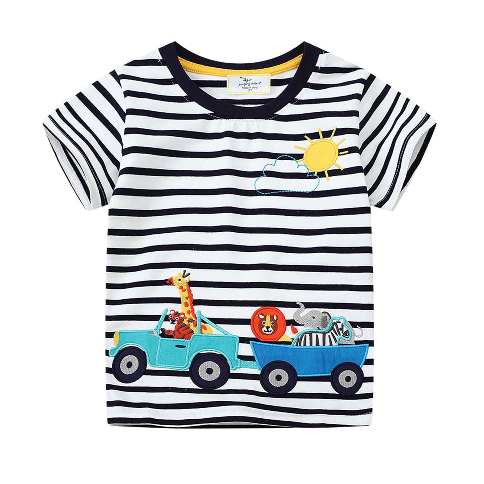 Boys Summer Striped Short Sleeve T-Shirt with Embroidered Cartoon Car ...