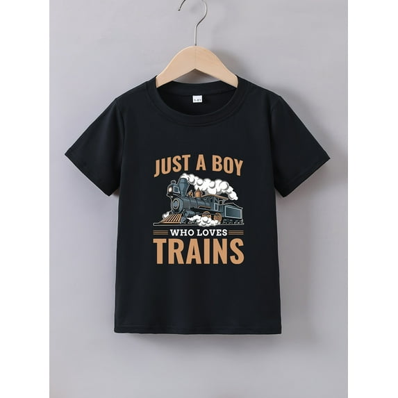 Boys' Summer Train Print T-Shirt - Casual Short Sleeve, Soft Cotton ...