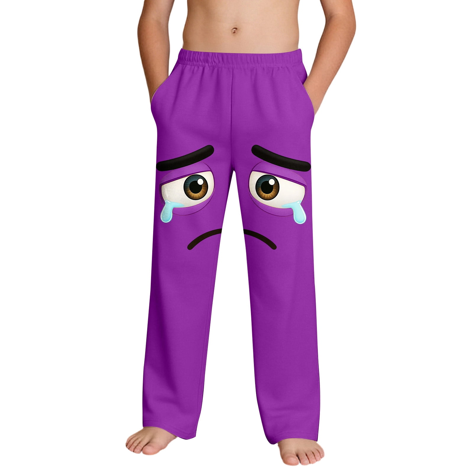 Boys Sweatpants Purple Sad Face Print Cartoon Lounge Pants for Kids ...