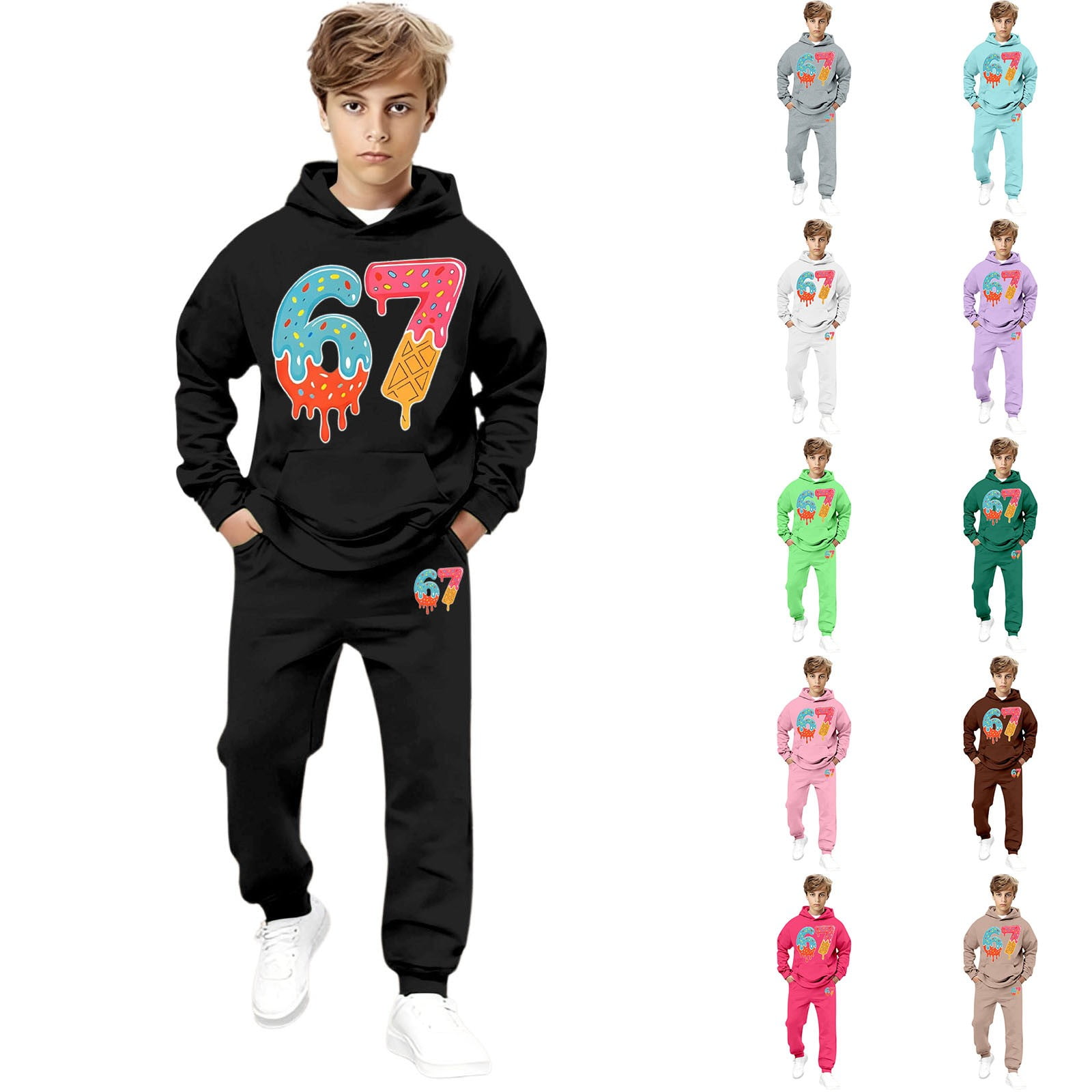 Boys Sweatsuit Cartoon 67 Print Hooded Sweatshirt Jogger Pants Casual ...